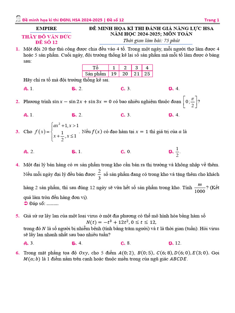 OD12 - Đề Tinh Tú HSA Số 12 | PDF