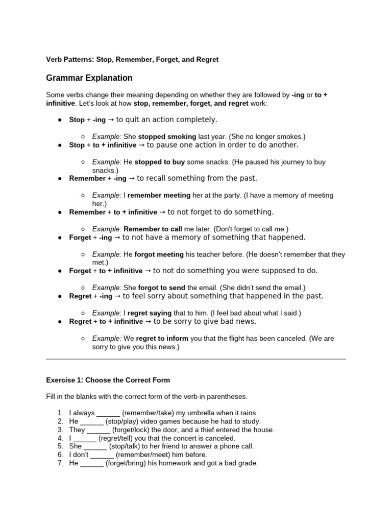Verb Patterns - Stop, Remember, Forget, and Regret | PDF | Grammar ...