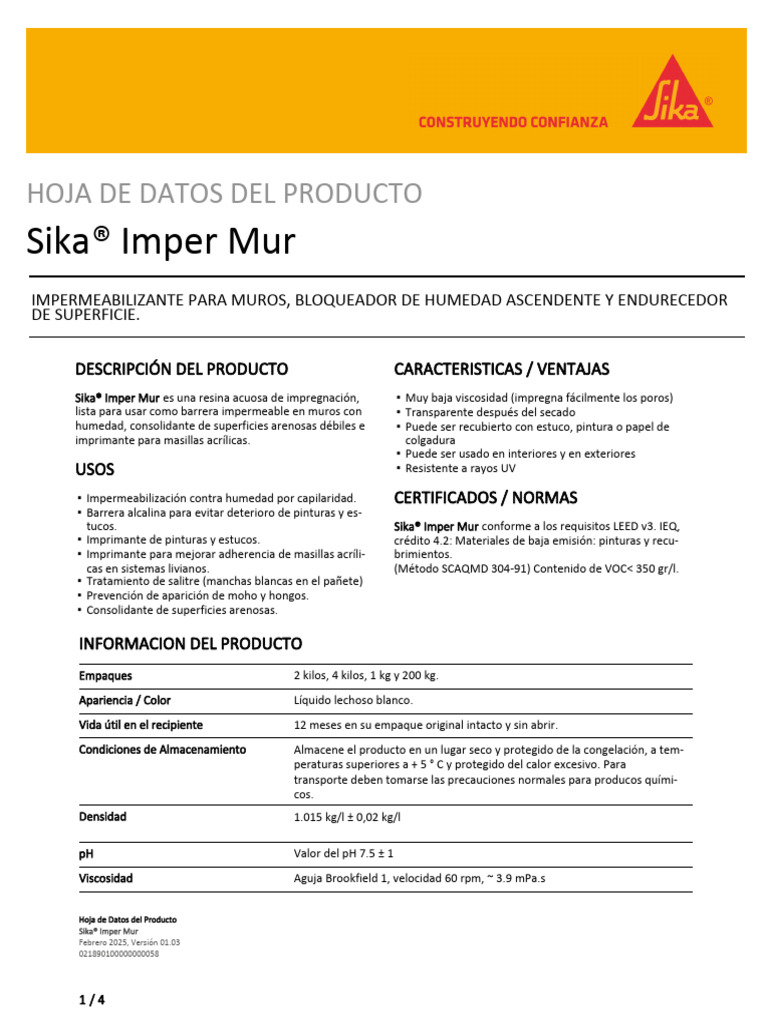 Sika Imper Mur | PDF | Materiales | Materiales de construcción
