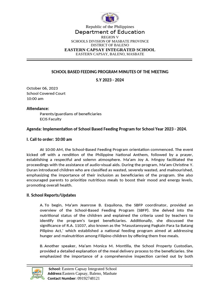 SBFP Meeting For S.Y 2023 - 2024 | PDF