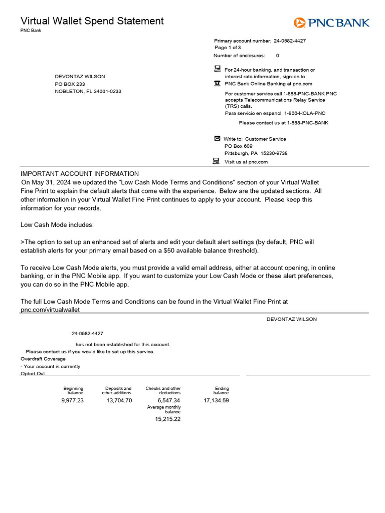 PNC Virtual Wallet Statement Summary | PDF | Debit Card | Visa Inc.