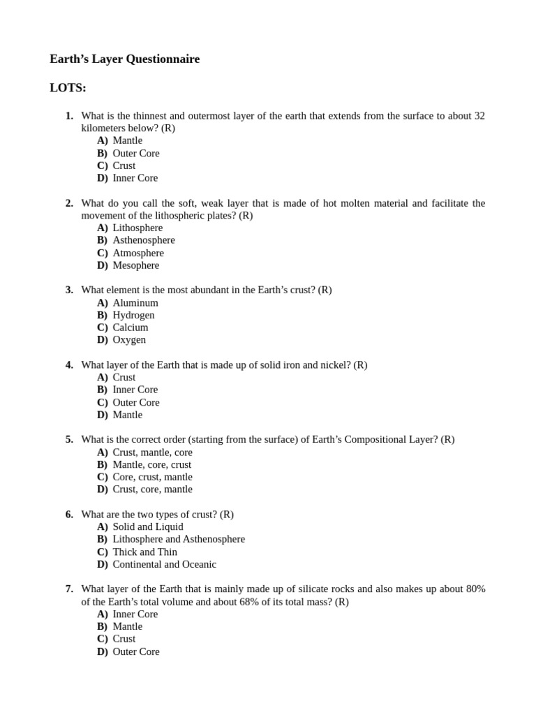 Earth's Layers Quiz and Answers | PDF | Earth | Crust (Geology)