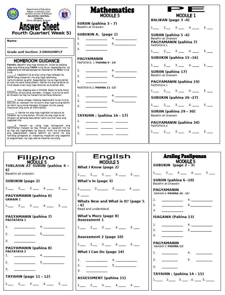 Answersheet Week 5 All Subjects | PDF