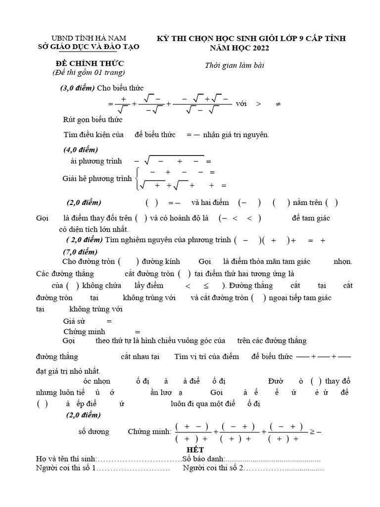 BỘ ĐỀ HSG TOAN 9 HÀ NAM 19-24 | PDF