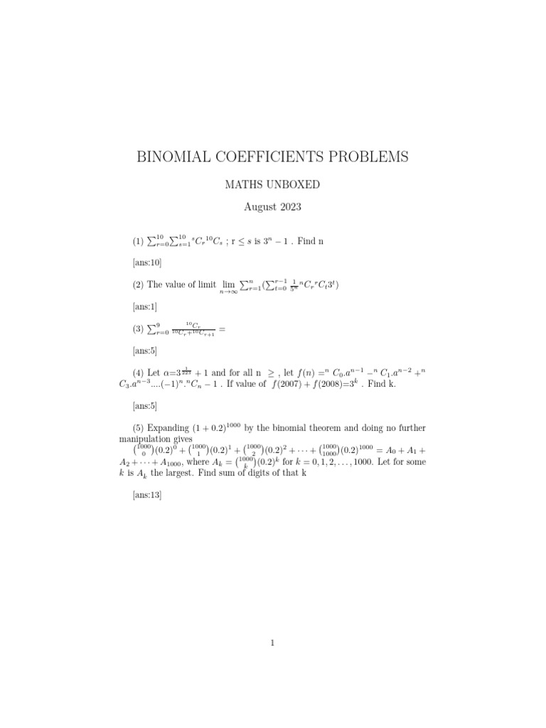 Binomial Coefficients | PDF