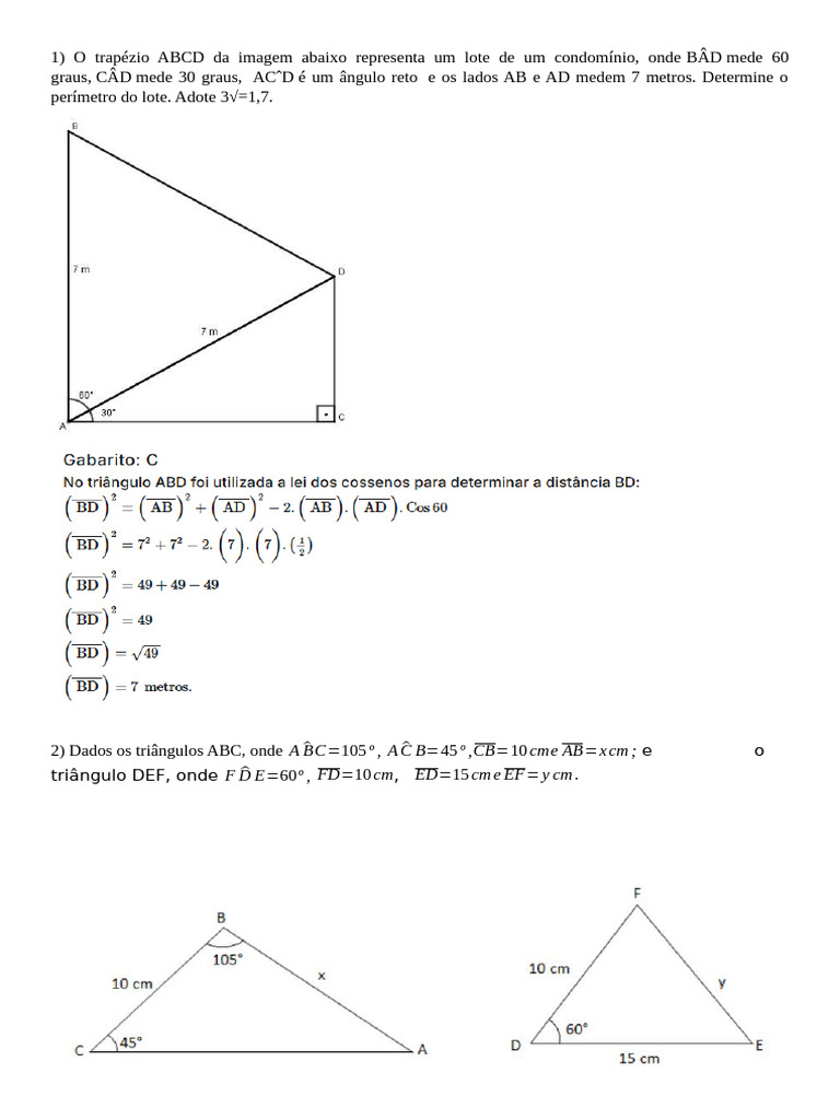 Lista de Exercícios Trigonometria Triang Qualquer | PDF