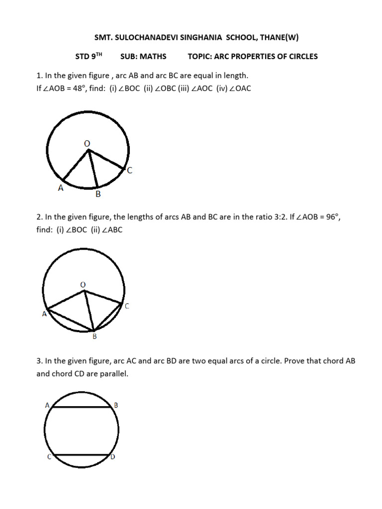 Arc Properties of Circles -Cw | PDF