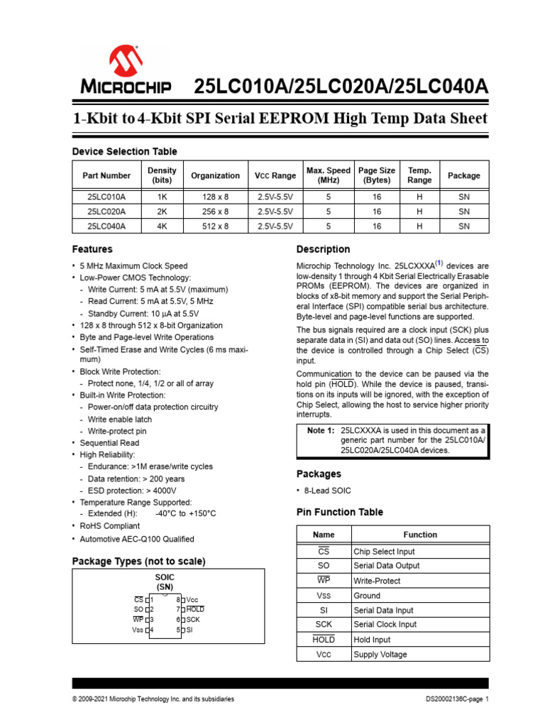 1 Kbit To 4 Kbit SPI Serial EEPROM High Temp Data Sheet 20002136C | PDF ...