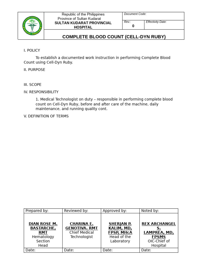 CBC Procedures Using Cell-Dyn Ruby | PDF | Blood | Hematology