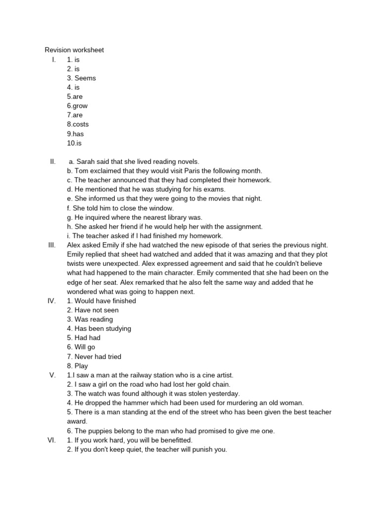 Revision Worksheet Answers | PDF