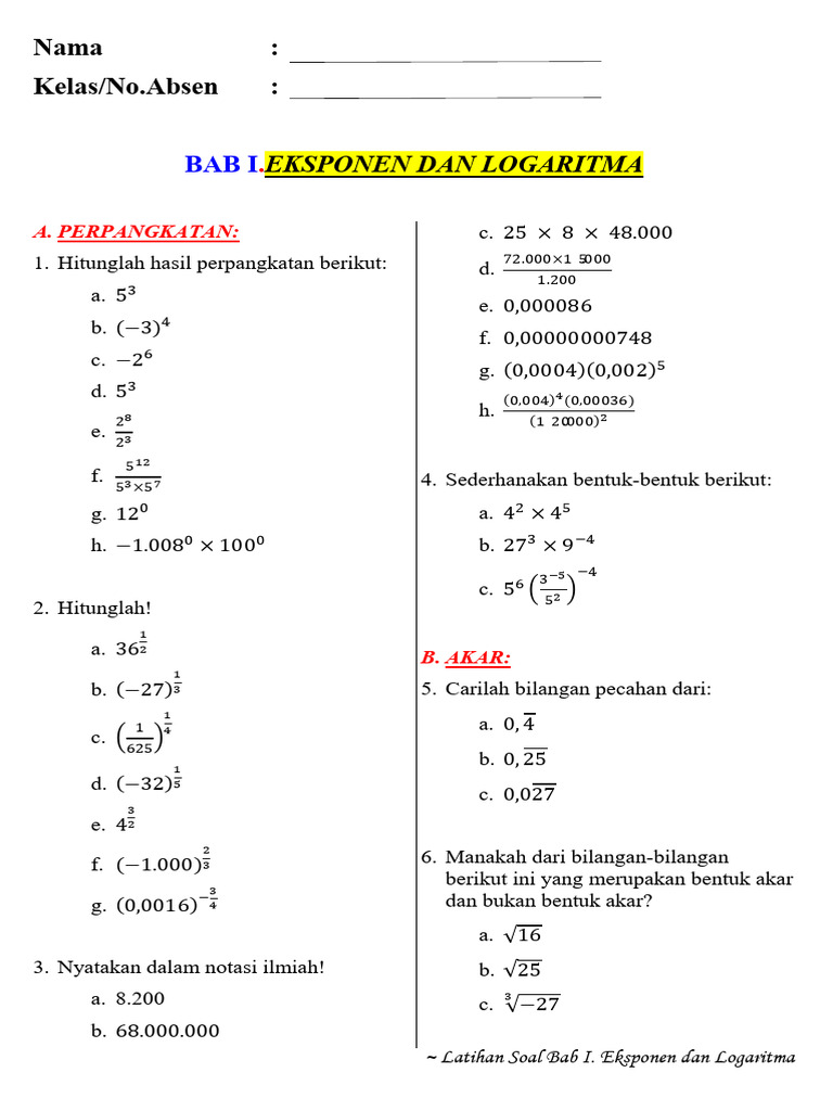 Bab I. Eksponen dan Logaritma (Latihan) Ok (2) | PDF
