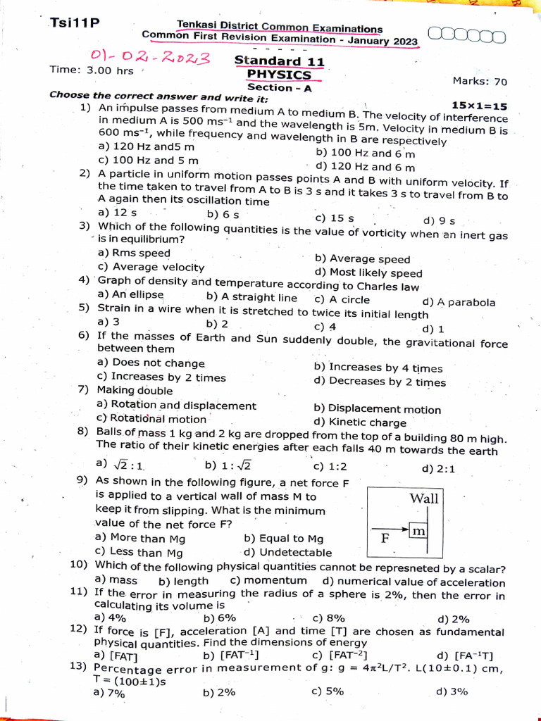 11th Physics EM 1st Revision Test 2023 Origianal Question Paper ...