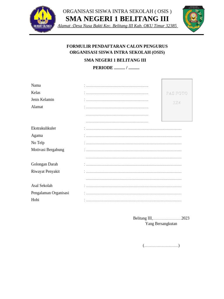 Formulir Pendaftaran Osis | PDF