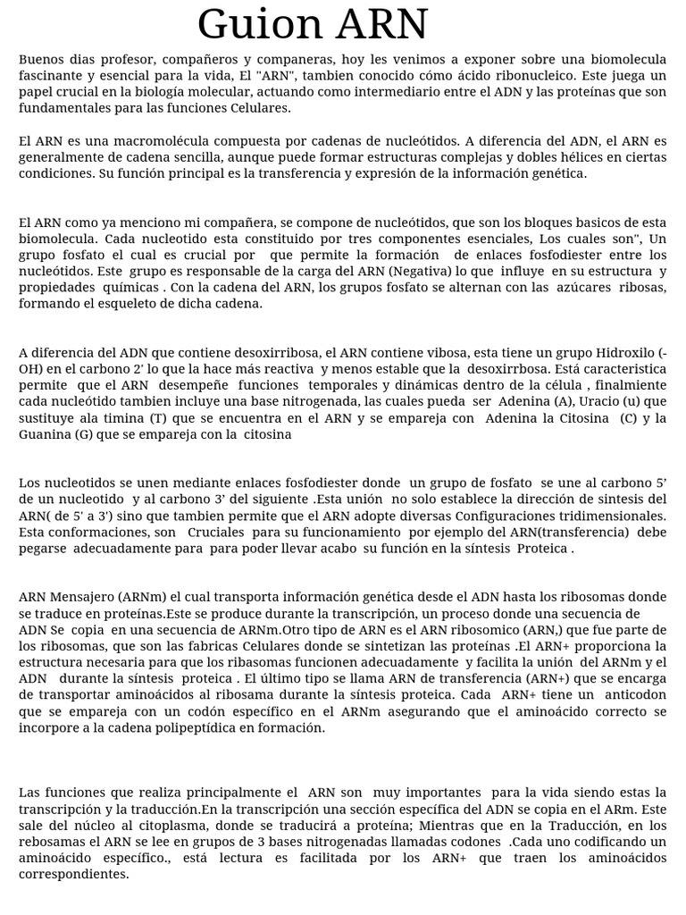 Funciones y Estructura del ARN | PDF | Rna | Traducción (biología)