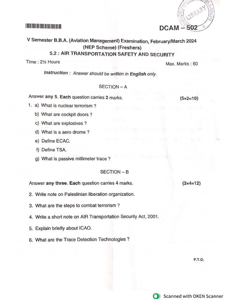 Air Transportation Safety and Security Question Paper 2024 | PDF