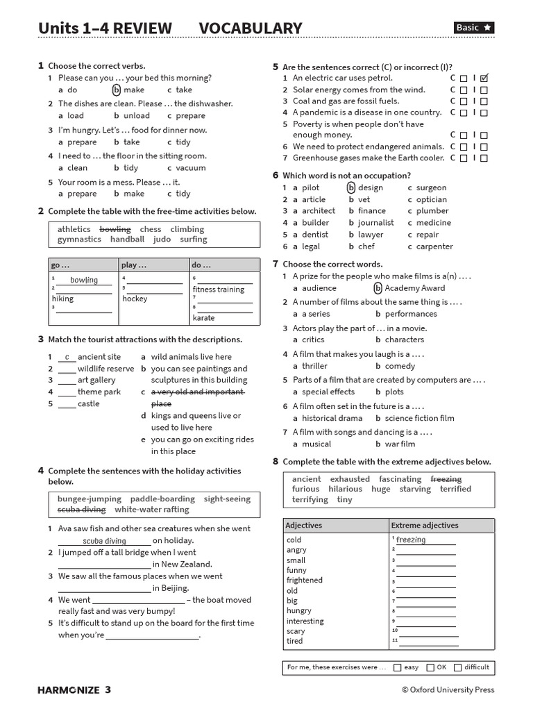 Harmonize 3 TRM Review Units 1-4 Vocab Grammar Worksheets | PDF