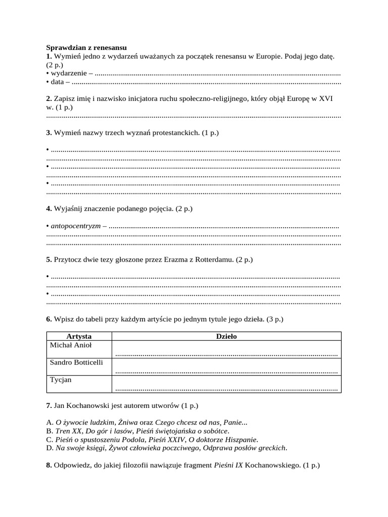 Sprawdzian Renesans | PDF
