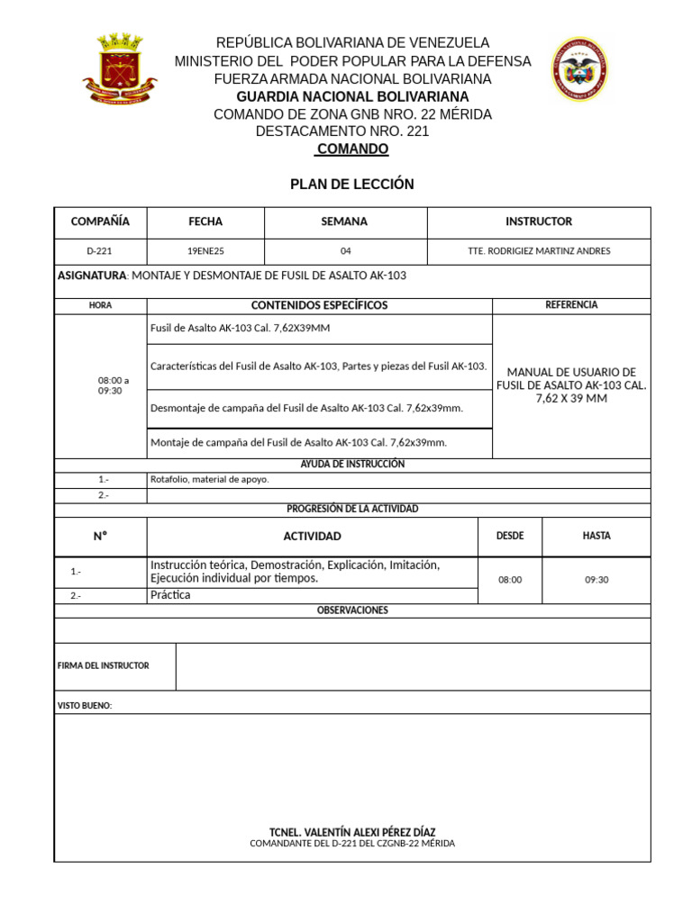 Plan de Leccion Montaje y Desmontaje de Fusil Ak-103 | PDF | Rifle | Proyectiles