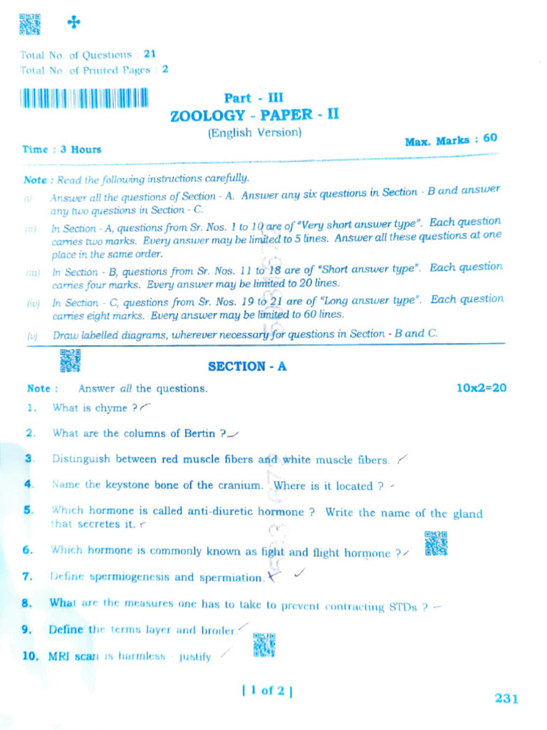 2nd Year Ap Inter Zoology Question Paper 2025 | PDF