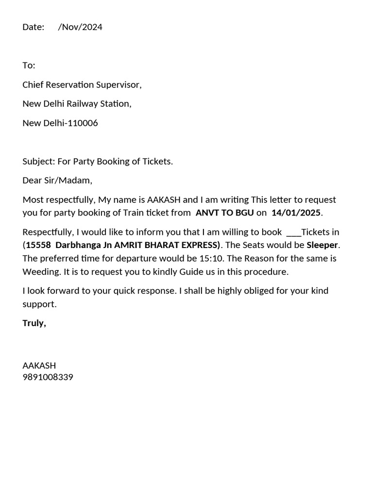 Indian Railway Party Booking Ticket Letter | PDF