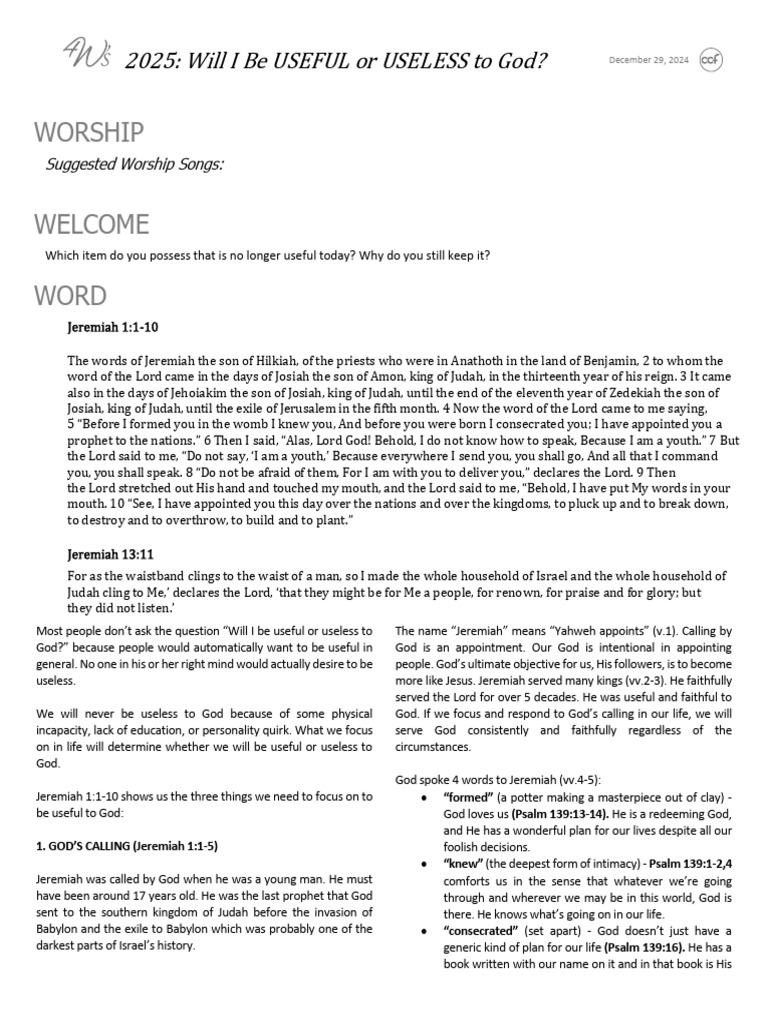 4Ws 12.29.2024 2025 WILL I BE USEFUL OR USELESS TO GOD | PDF | Books Of The Hebrew Bible ...