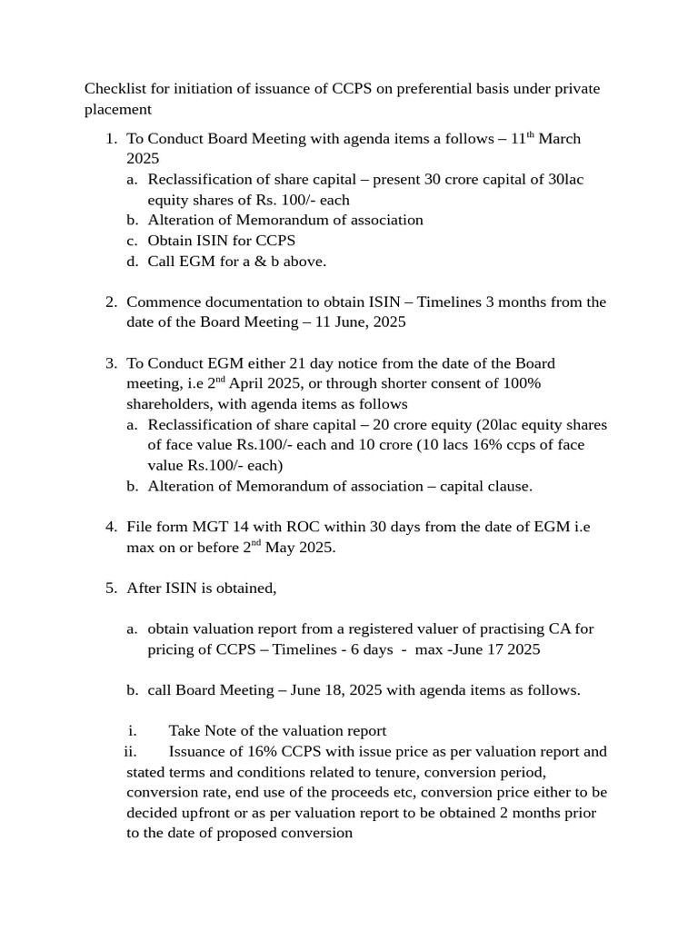 Checklist For Issuance and Allotment of Preference Shares | PDF ...