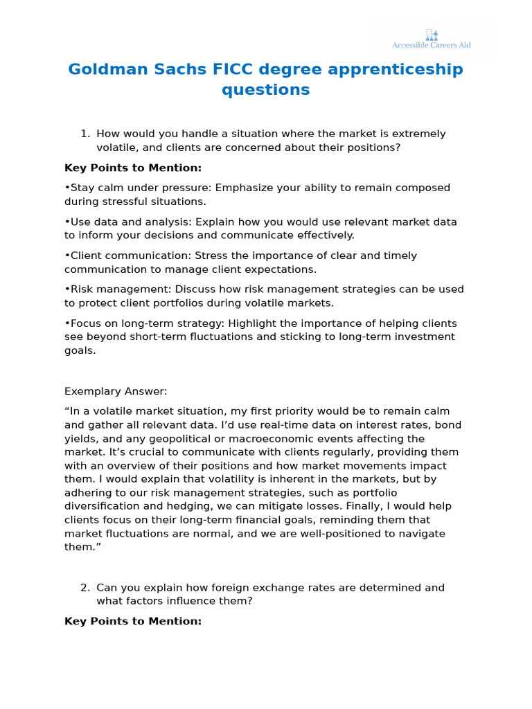 Degree Apprenticeship - Goldman Sachs FICC - Questions | PDF | Bonds (Finance) | Investment Banking