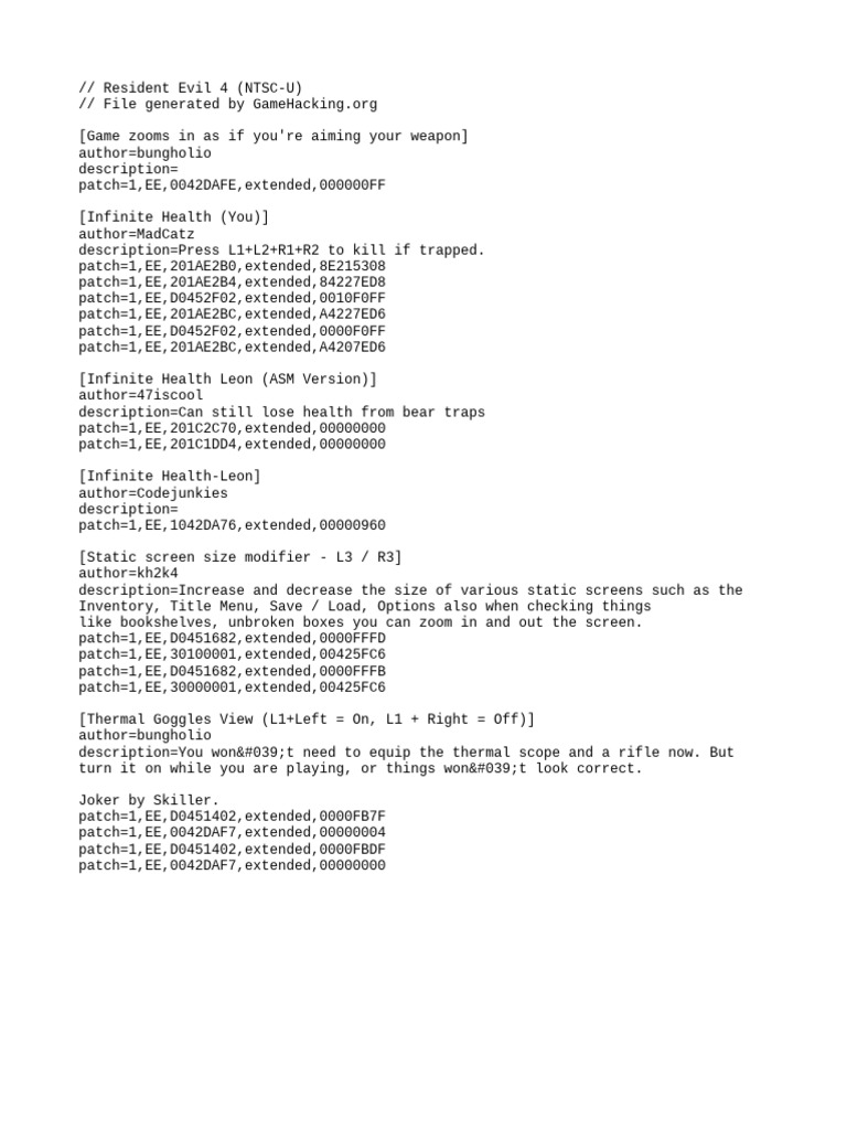 Resident Evil 4 Cheat Codes Guide | PDF
