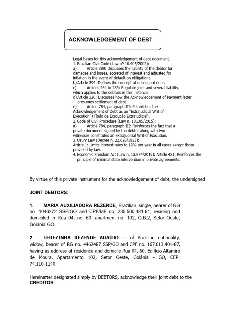 Acknowledgement of Debt 2 | PDF | Debt | Debtor