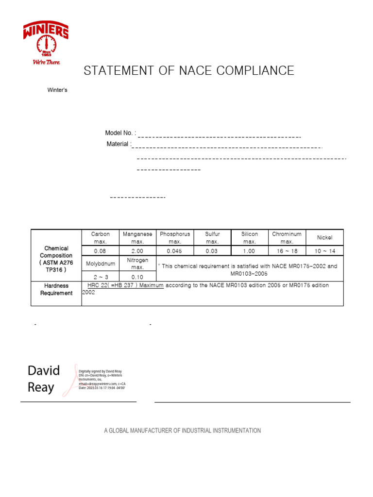 NACE Compliance for Winters Instruments | PDF | Stainless Steel | Materials