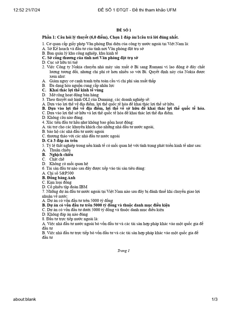 ĐỀ SỐ 1 ĐTQT - Đề thi tham khảo UFM | PDF
