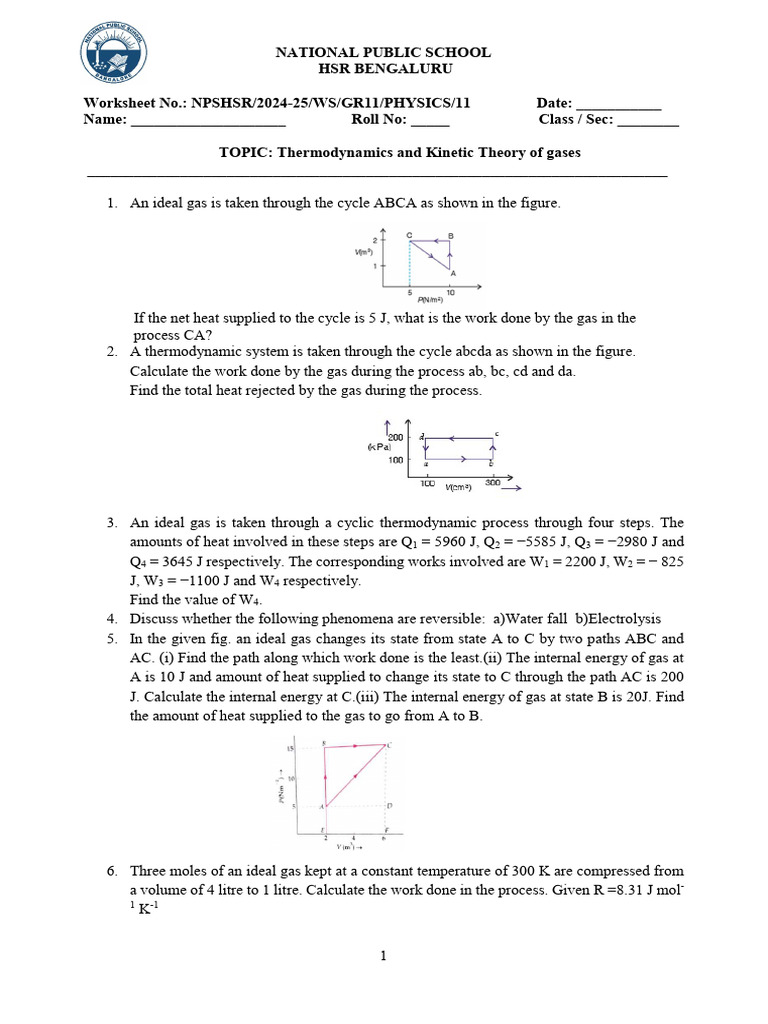 WS - 11 - Thermodynamics and Kinetic Theory | PDF | Gases | Temperature