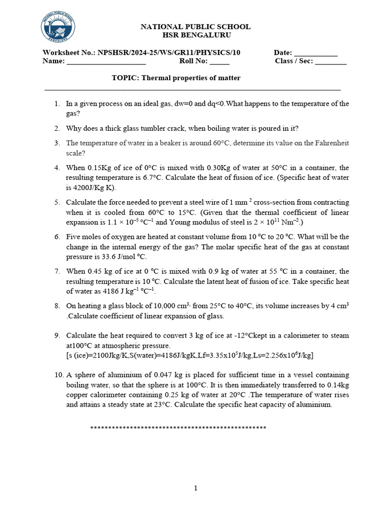 WS - 10 - Thermal Properties of Matter | PDF