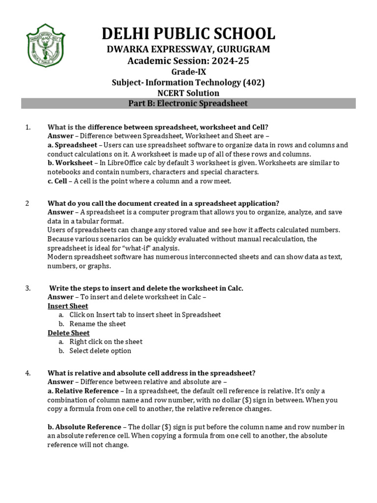 NCERT Solution Unit 4 Electronic Spreadsheet | PDF | Spreadsheet | Computing