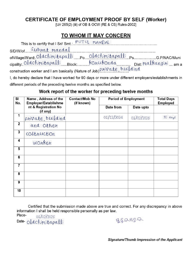 Self Certificate Putul | PDF