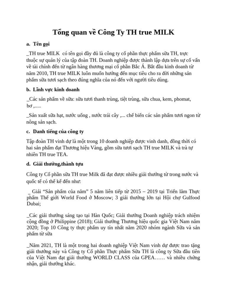 Tổng quan về Công Ty TH true MILK | PDF