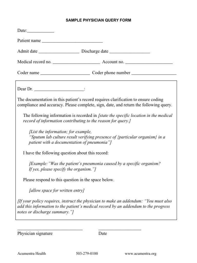 Sample Physician Query Form - Acumentra Health | PDF | Medical Record ...