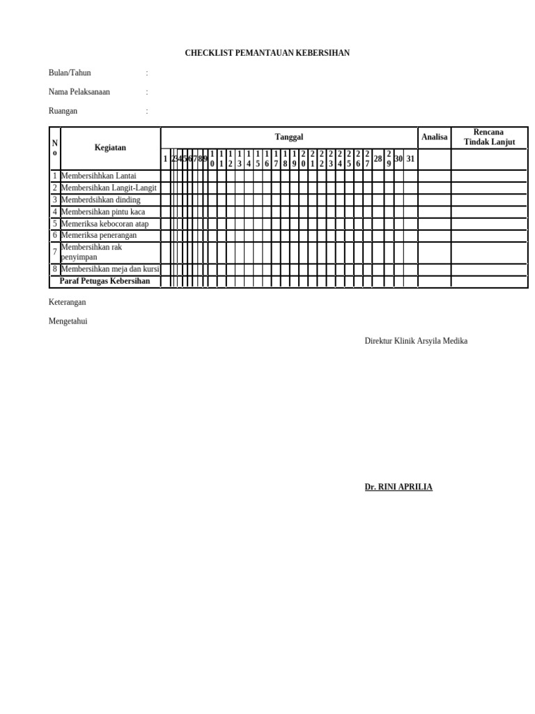 Checklist Kebersihan Ruangan Klinik | PDF