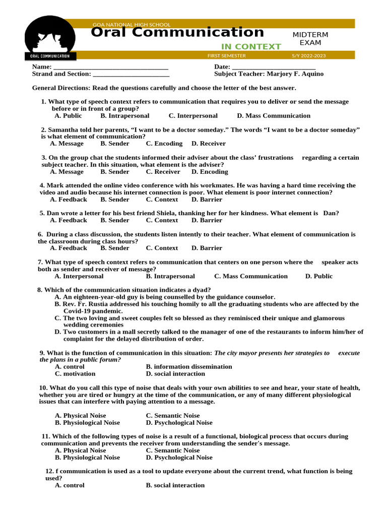 Oral Communication Midterm Exam | PDF | Communication | Nonverbal Communication