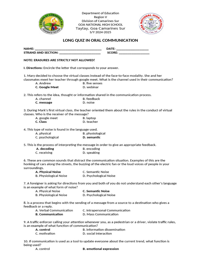 Long Quiz in Oral Communication | PDF | Communication | Nonverbal ...