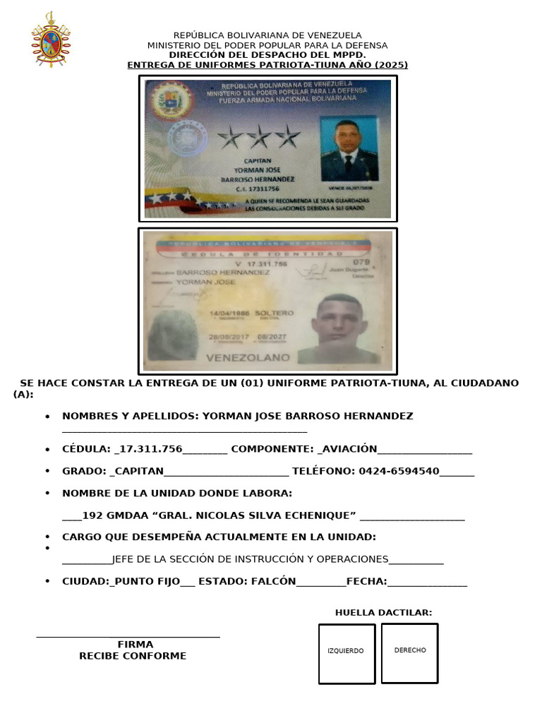 Recibo Entrega de Uniformes Patriota Tiuna 2025 - 051126 | PDF
