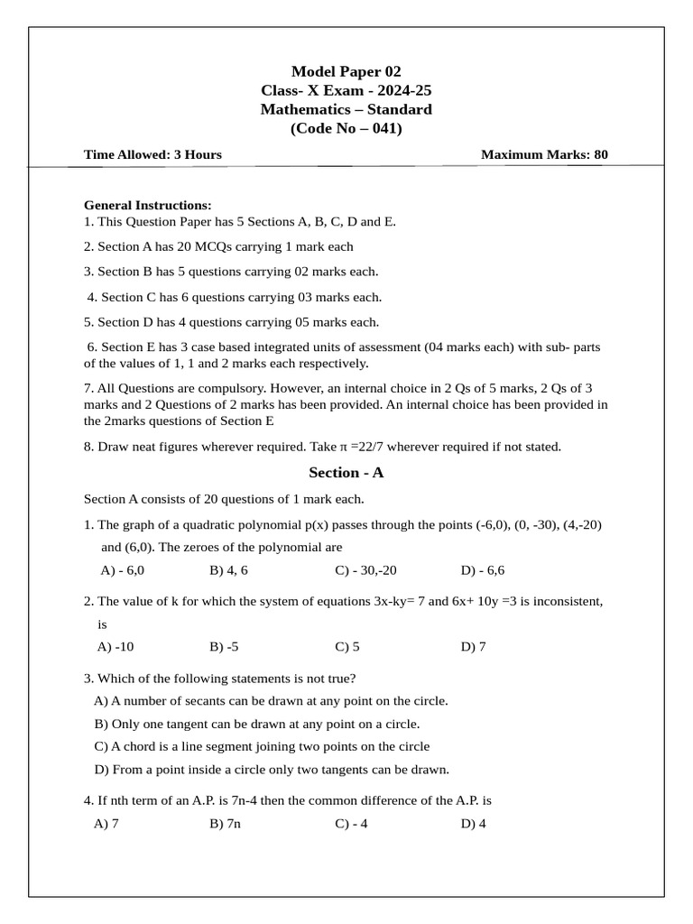 Sample Paper 02 Class 10 Maths2025 | PDF | Circle | Sphere