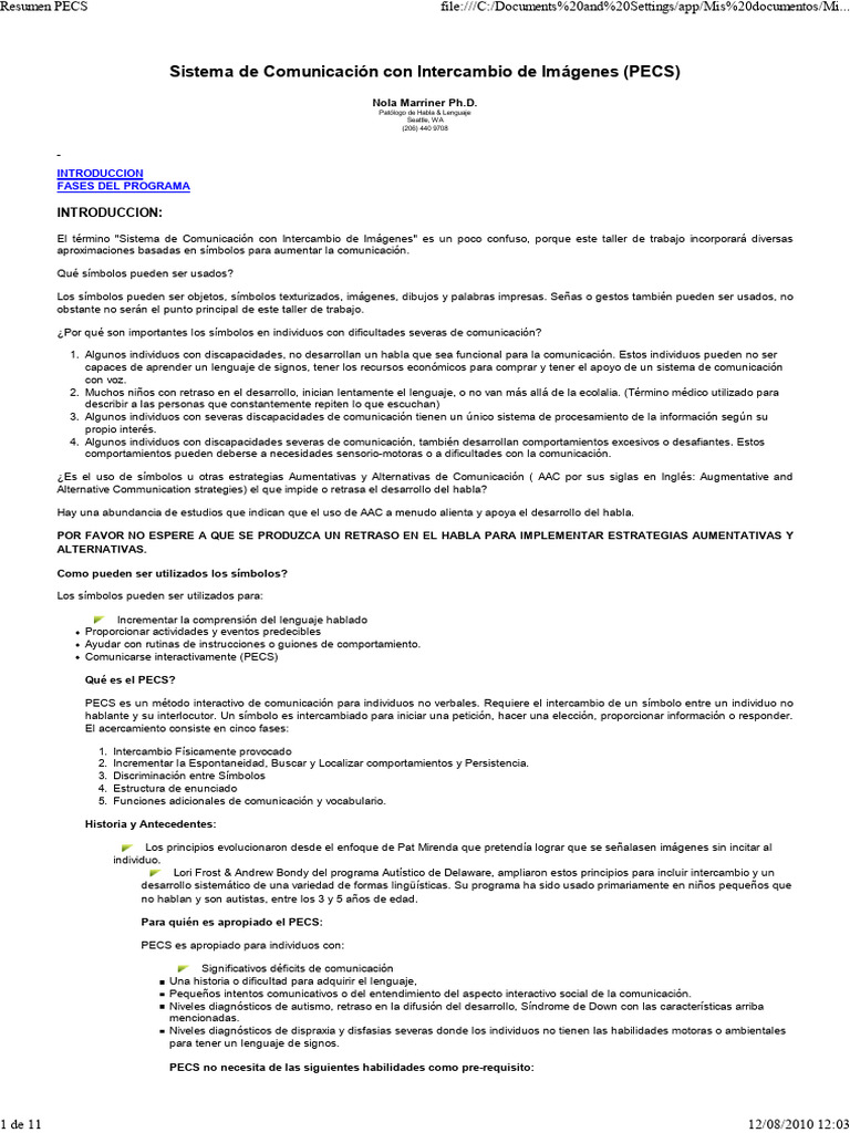 Sistema de Comunicacion Con Intercambio de Imagenes PECS 2 | PDF | Comunicación | Aprendizaje