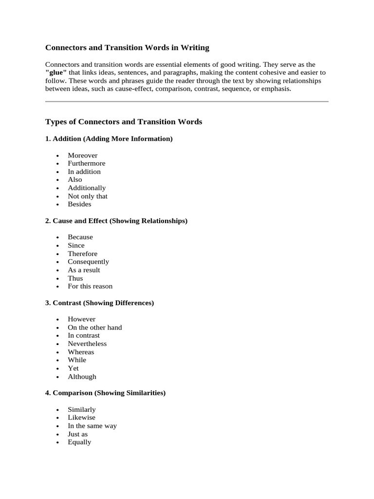 Connectors and Transition Words in Writing1 | PDF