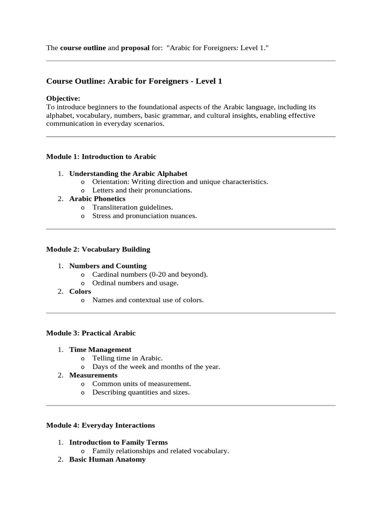 Arabic Course Outline and Proposal For | PDF | Arabic | Learning