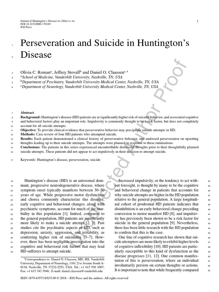Perseveration and Suicide in Huntington Disease | PDF | Obsessive ...