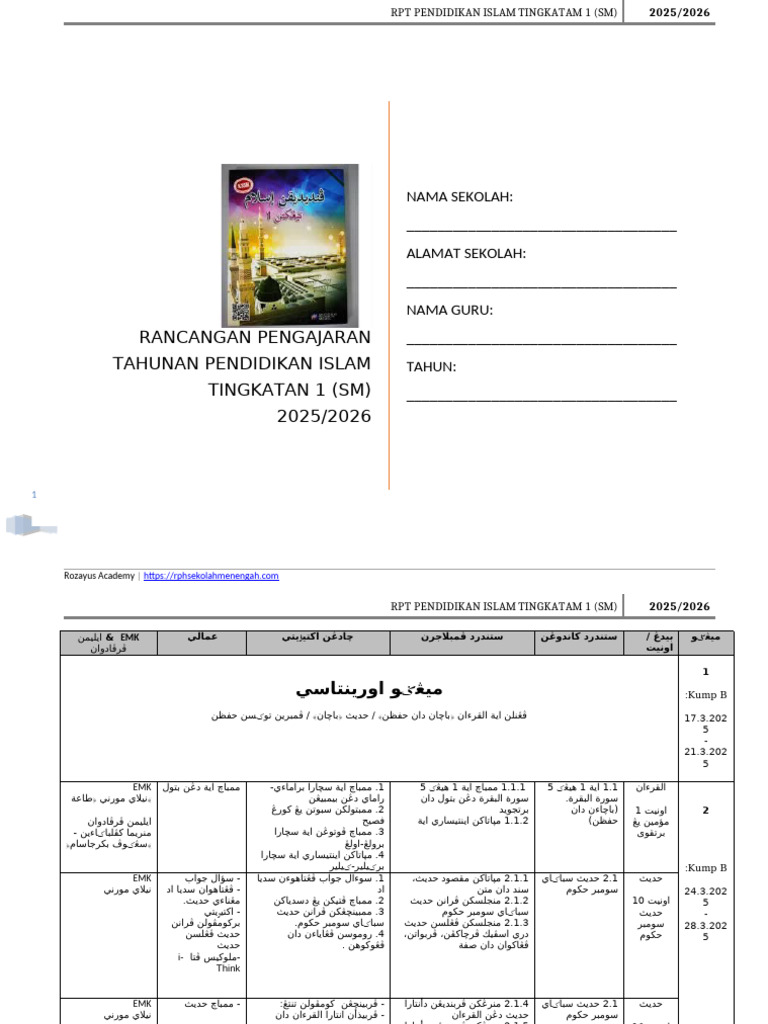 RPT Pendidikan Islam Tingkatan 1 | PDF