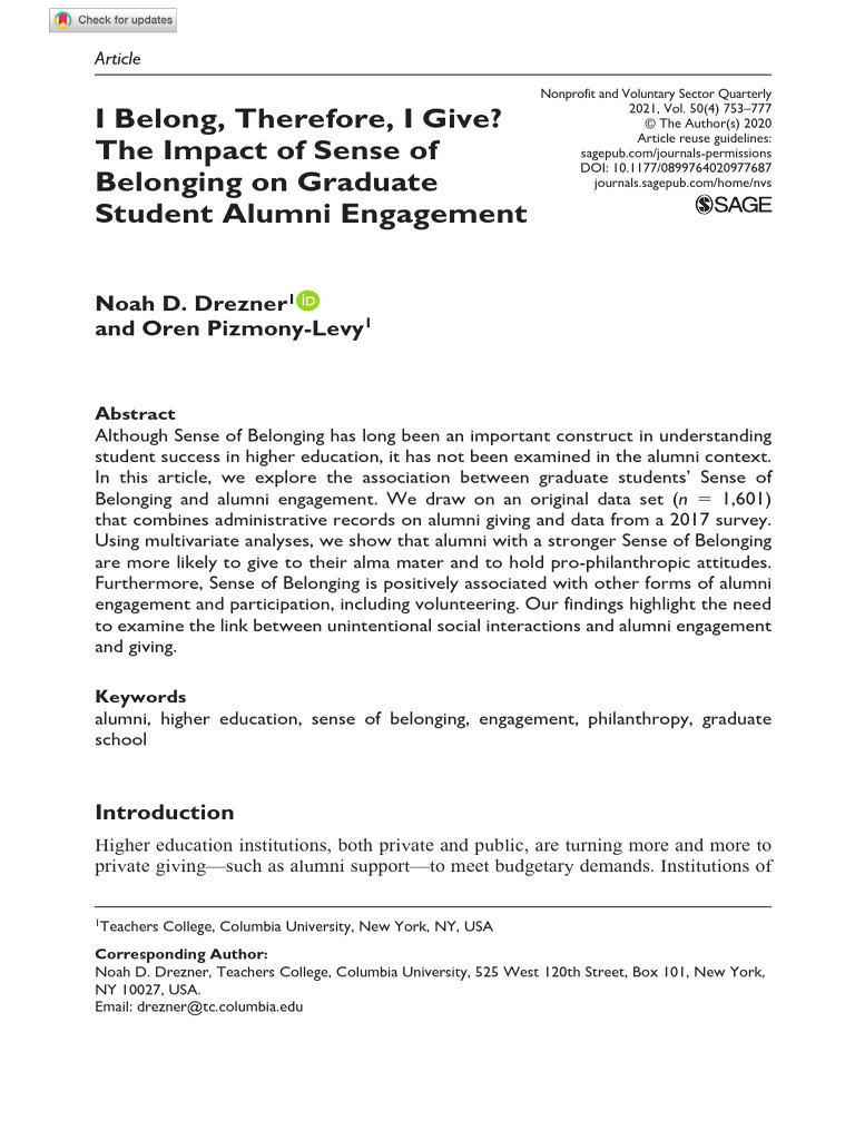 Drezner Pizmony Levy 2020 I Belong Therefore I Give The Impact of Sense of Belonging On Graduate ...