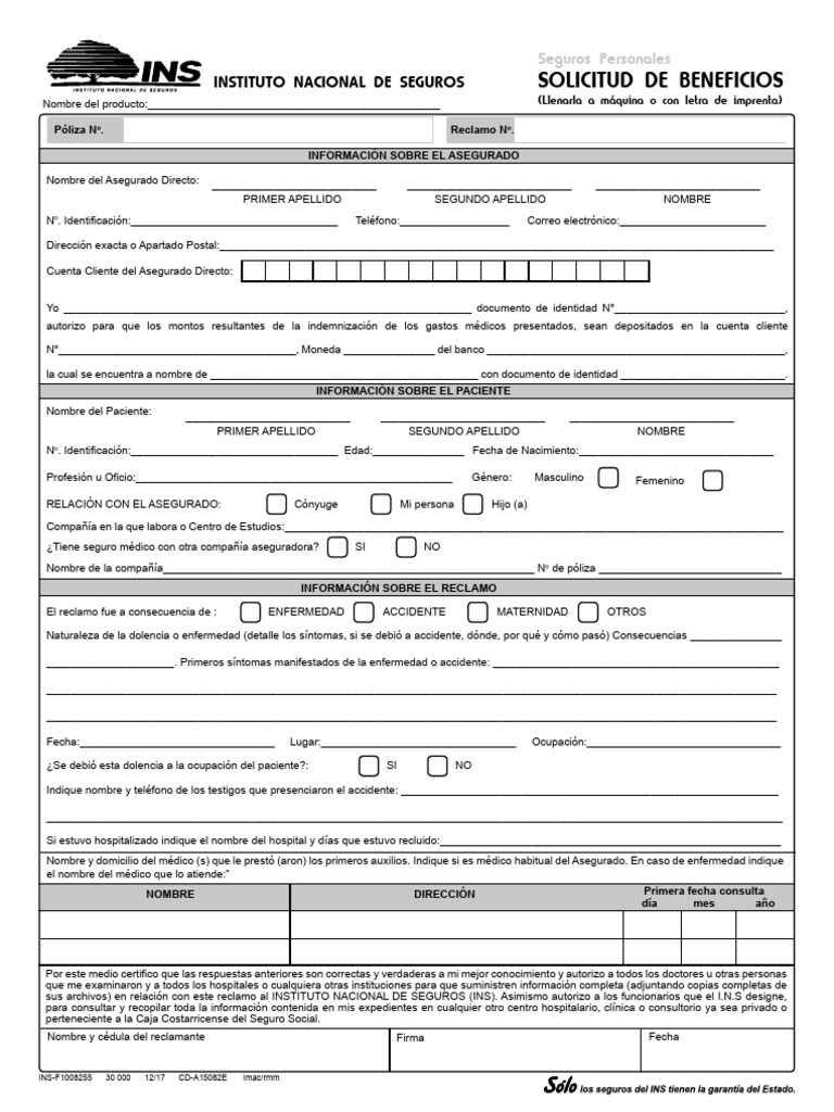 Formulario de Reembolso INS Nuevo - 230626 - 101633 | PDF | Diagnostico ...