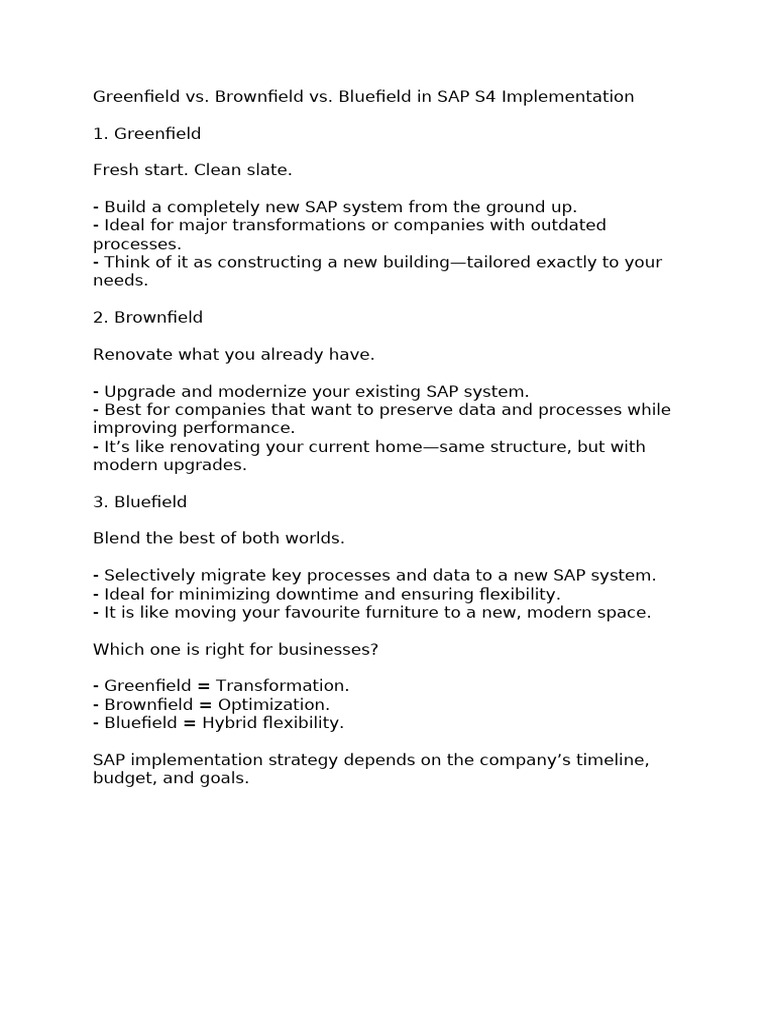 SAP Implementation: Greenfield vs Brownfield | PDF